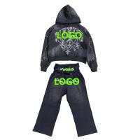 China Custom 100% Cotton Acid Wash Distressed Heavyweight Hoodie Set Vintage Style 3D Printed Embroidery Rhinestone Decor for Winter for sale