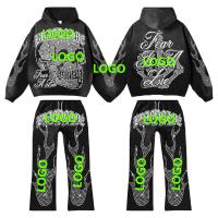 China Custom 100% Cotton Acid Wash Distressed Heavyweight Hoodie Set Vintage Style 3D Printed Embroidery Rhinestone Decor for Winter for sale