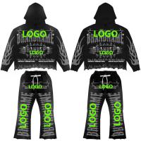 China Custom 100% Cotton Acid Wash Distressed Heavyweight Hoodie Set Vintage Style 3D Printed Embroidery Rhinestone Decor for Winter for sale