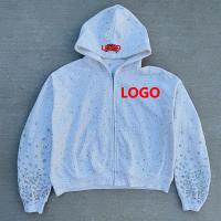 China Unisex Custom 100% Cotton Full Zip Hoodie with Rhinestone Embellishment Winter Wear with Silk Screen Printing for sale