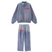 China Customized Breathable 3D Embroidery Oversized Vintage Washed Half Zipper Hoodie Sweatpants Set Worn-out Style Winter Men's for sale