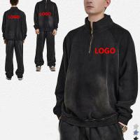 China Customized Breathable 3D Embroidery Oversized Vintage Washed Half Zipper Hoodie Sweatpants Set Worn-out Style Winter Men's for sale