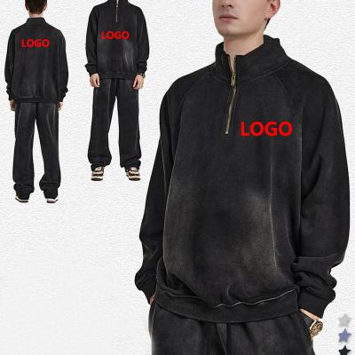 China Customized Breathable 3D Embroidery Oversized Vintage Washed Half Zipper Hoodie Sweatpants Set Worn-out Style Winter Men's for sale