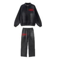 China Customized Breathable 3D Embroidery Oversized Vintage Washed Half Zipper Hoodie Sweatpants Set Worn-out Style Winter Men's for sale
