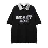 China Vintage Knitted Embroidered V-neck Collar Regular Sleeve Men's 100% Cotton Breathable Oversized T-shirt Letter Patch Design for sale