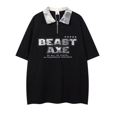 China Vintage Knitted Embroidered V-neck Collar Regular Sleeve Men's 100% Cotton Breathable Oversized T-shirt Letter Patch Design for sale