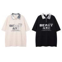China Vintage Knitted Embroidered V-neck Collar Regular Sleeve Men's 100% Cotton Breathable Oversized T-shirt Letter Patch Design for sale