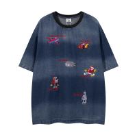 China ODM Vintage Fun Cartoon Embroidery 100% Cotton Knitted Washed Denim 300 Grams Loose Breathable Short Sleeved T-shirt Summer Top for sale