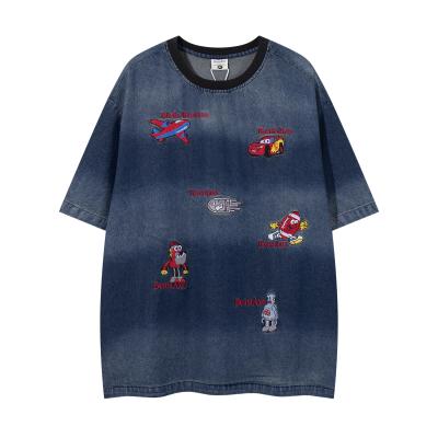 China ODM Vintage Fun Cartoon Embroidery 100% Cotton Knitted Washed Denim 300 Grams Loose Breathable Short Sleeved T-shirt Summer Top for sale