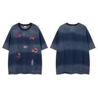 China ODM Vintage Fun Cartoon Embroidery 100% Cotton Knitted Washed Denim 300 Grams Loose Breathable Short Sleeved T-shirt Summer Top for sale