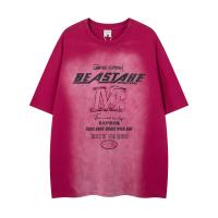 China Retro Gradient Red Knitted 100% Cotton Breathable T-shirt for Men with Letter Pattern Short Sleeve Oversized Fit Washed and Worn for sale