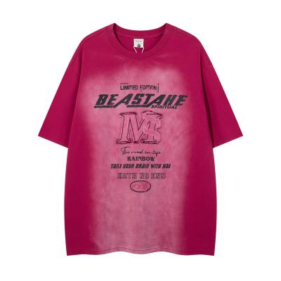 China Retro Gradient Red Knitted 100% Cotton Breathable T-shirt for Men with Letter Pattern Short Sleeve Oversized Fit Washed and Worn for sale