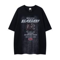 China Retro Gradient Red Knitted 100% Cotton Breathable T-shirt for Men with Letter Pattern Short Sleeve Oversized Fit Washed and Worn for sale