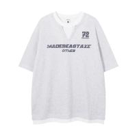 China 250g Color Blocking Two Piece O-neck Short Sleeved T-shirt Men's Street Breathable Oversized Knitted Screen Printed Letter for sale