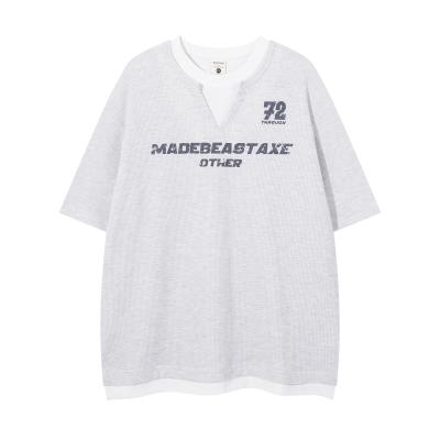 China 250g Color Blocking Two Piece O-neck Short Sleeved T-shirt Men's Street Breathable Oversized Knitted Screen Printed Letter for sale