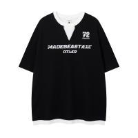China 250g Color Blocking Two Piece O-neck Short Sleeved T-shirt Men's Street Breathable Oversized Knitted Screen Printed Letter for sale