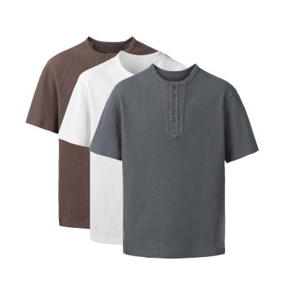 China Minimalist Waffle O-Neck Regular Fit Solid Knitted Printed Cotton-Polyester Vintage T-shirt for Men's Autumn Casual OEM for sale
