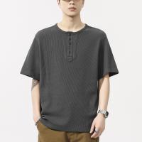China Minimalist Waffle O-Neck Regular Fit Solid Knitted Printed Cotton-Polyester Vintage T-shirt for Men's Autumn Casual OEM for sale