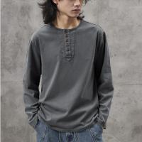 China 330g 100% Pure Cotton Knitted Men's Vintage Breathable Blank Solid Color Oversized Button Design Neck Long Sleeved T-shirt OEM for sale