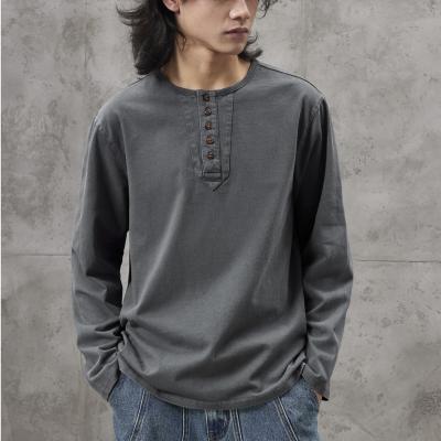 China 330g 100% Pure Cotton Knitted Men's Vintage Breathable Blank Solid Color Oversized Button Design Neck Long Sleeved T-shirt OEM for sale