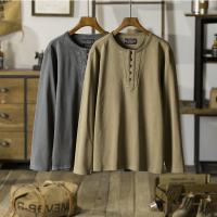 China 330g 100% Pure Cotton Knitted Men's Vintage Breathable Blank Solid Color Oversized Button Design Neck Long Sleeved T-shirt OEM for sale