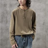 China 330g 100% Pure Cotton Knitted Men's Vintage Breathable Blank Solid Color Oversized Button Design Neck Long Sleeved T-shirt OEM for sale