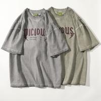 China 300g 100% Cotton Knitted Oversized Solid Vintage Breathable Letter Printed Washed T-shirt OEM Short Sleeved ODM for sale