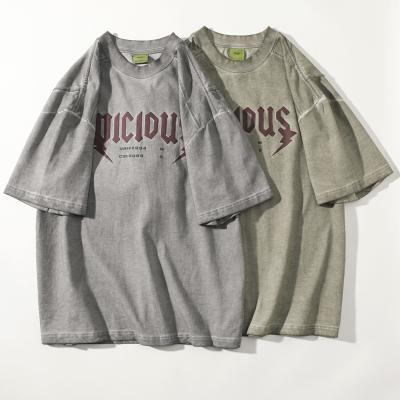 China 300g 100% Cotton Knitted Oversized Solid Vintage Breathable Letter Printed Washed T-shirt OEM Short Sleeved ODM for sale