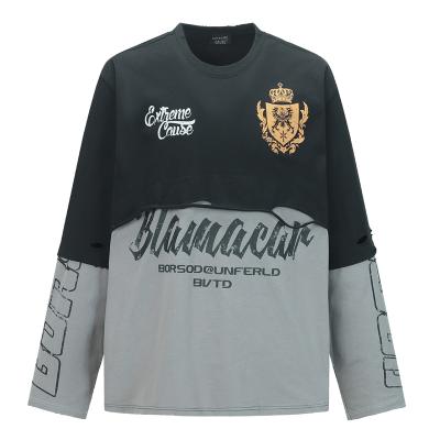 China Custom Men's Vintage Printed Knitted Pattern Long Raglan Sleeve Hoodie 100% Cotton 300g Breathable Oversized Fit Retro Washed for sale