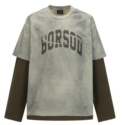 China Customen Retro Washed Worn Dirty Dyed 100% Cotton Oversized Two-Piece Long-Sleeved T-shirt Letter Pattern Spring Unisex for sale