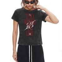 China Custom Vintage Acid Wash Regular Women T-shirt Gothic Red Rhinestone Letter Print Side Seam Short Sleeve Summer Y2K Streetwear for sale