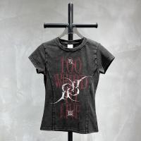 China Custom Vintage Acid Wash Regular Women T-shirt Gothic Red Rhinestone Letter Print Side Seam Short Sleeve Summer Y2K Streetwear for sale