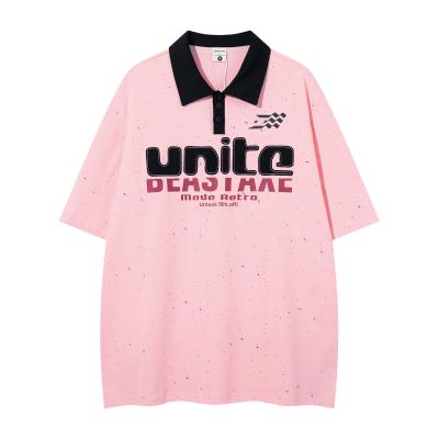 China Starry Sky Letter Embroidered Collar Knitted Breathable 100% Cotton Short Sleeve ODM Men's Women's Versatile Casual Color for sale