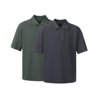 China 230g Knitted Waffle Short Sleeve Shirt for Men Half Zipper Solid Color Collar Loose Breathable Anti-Wrinkle Vintage ODM for sale