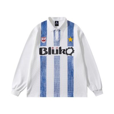 China Men's Retro Soccer Jersey Style Knitted Long Sleeve Shirt White Blue Letter Digital Printed Button Number 7 Oversized Quick Dry for sale