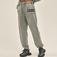 China 2025 New Street Trendy Brand Embroidery 100% Cotton Sand Wash Drawstring Mid Waist Canvas Loose Pants for Men Formal Style for sale