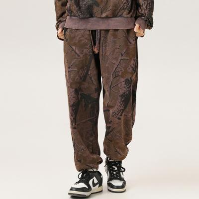 China Custom Camo Canvas Heavyweight 100% Cotton Mid Sweatpants Men's Forest Leaf Print Loose Fit Joggers Streetwear OEM ODM for sale
