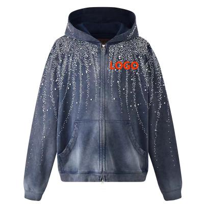 China Custom Design 100% Cotton Winter 3D Sparkly Zip-Up Hoodie with Rhinestone Bling Bling Detail ODM Casual Wear for Unisex for sale