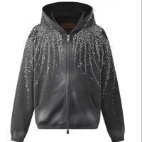China Custom Design 100% Cotton Winter 3D Sparkly Zip-Up Hoodie with Rhinestone Bling Bling Detail ODM Casual Wear for Unisex for sale