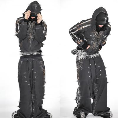 China Custom Gradient Leopard Print Digital Printed Striped Hooded Sweatshirt Set Wide Zippers 100% Cotton Washed Technique Winter ODM for sale