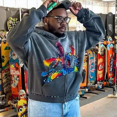 China Customized Sequin Hoodie 500GSM 100% Pure Cotton French DTG Printed Sun Faded Washed Worn-out Zipper Men's Hoodie for sale