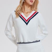 China Women Contrast Color V Neck Loose Tennis Sweatshirt Autumn Winter Sports Long Sleeve Outerwear Custom OEM for sale