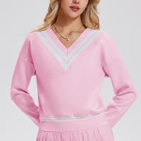 China Women Contrast Color V Neck Loose Tennis Sweatshirt Autumn Winter Sports Long Sleeve Outerwear Custom OEM for sale