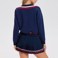 China Women Contrast Color V Neck Loose Tennis Sweatshirt Autumn Winter Sports Long Sleeve Outerwear Custom OEM for sale