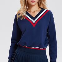 China Women Contrast Color V Neck Loose Tennis Sweatshirt Autumn Winter Sports Long Sleeve Outerwear Custom OEM for sale