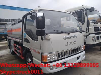 China high quality JAC brand new 5500L oil tanker fuel transport truck for sale, Bottom price JAC diesel tank delivery truck for sale