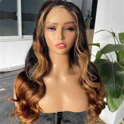 China Ombre Honey Brown Body Wave 13x4 HD Lace Wig Human Hair 300 Density Precut Swiss Lace for sale