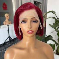 China 13x4 Frontal Full Lace Wig Pixie Cut Bob Human Hair 99J Wavy 12 Inches 150g for sale