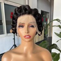 China Big Wavy Pixie Cut Human Hair Wig 10inch Transparent Full Lace Frontal 150 Density for sale