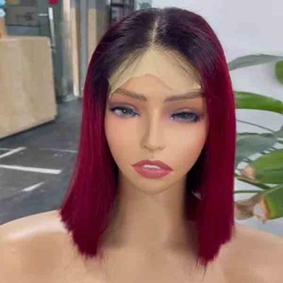 China Burgundy Bone Straight 4x4 Lace Closure Bob Wig 9A Indian Virgin Human Hair 210 Density for sale